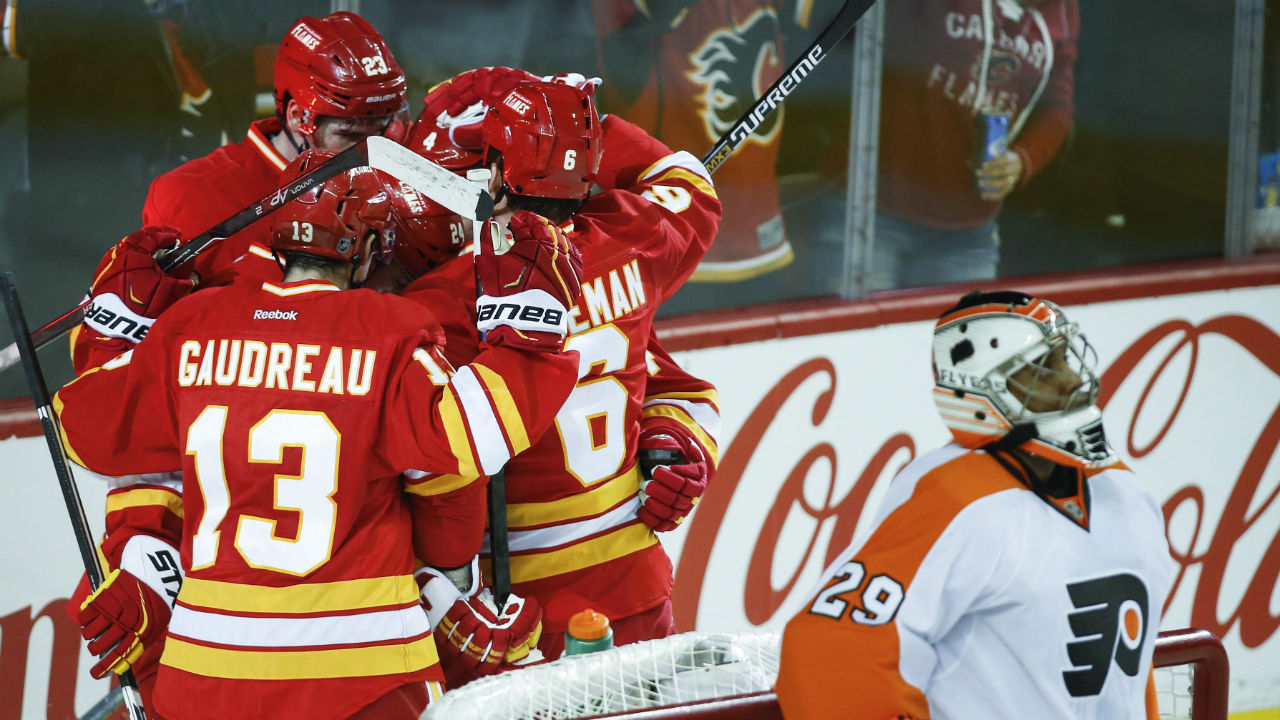 Flames keep playoff hopes alive in win vs Flyers