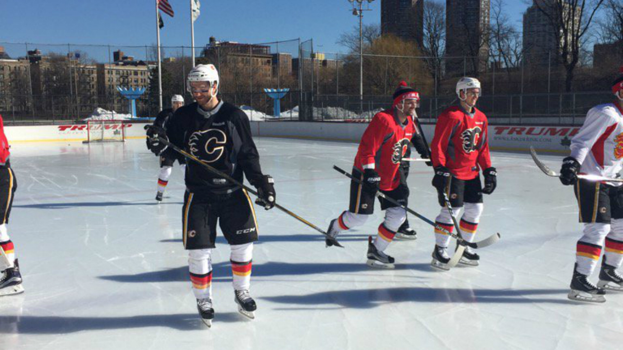 Calgary Flames practise outdoors at Central Park