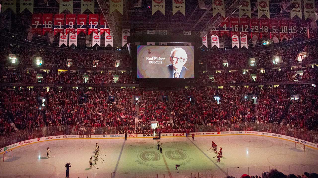 Former Canadiens, colleagues bid Red Fisher farewell