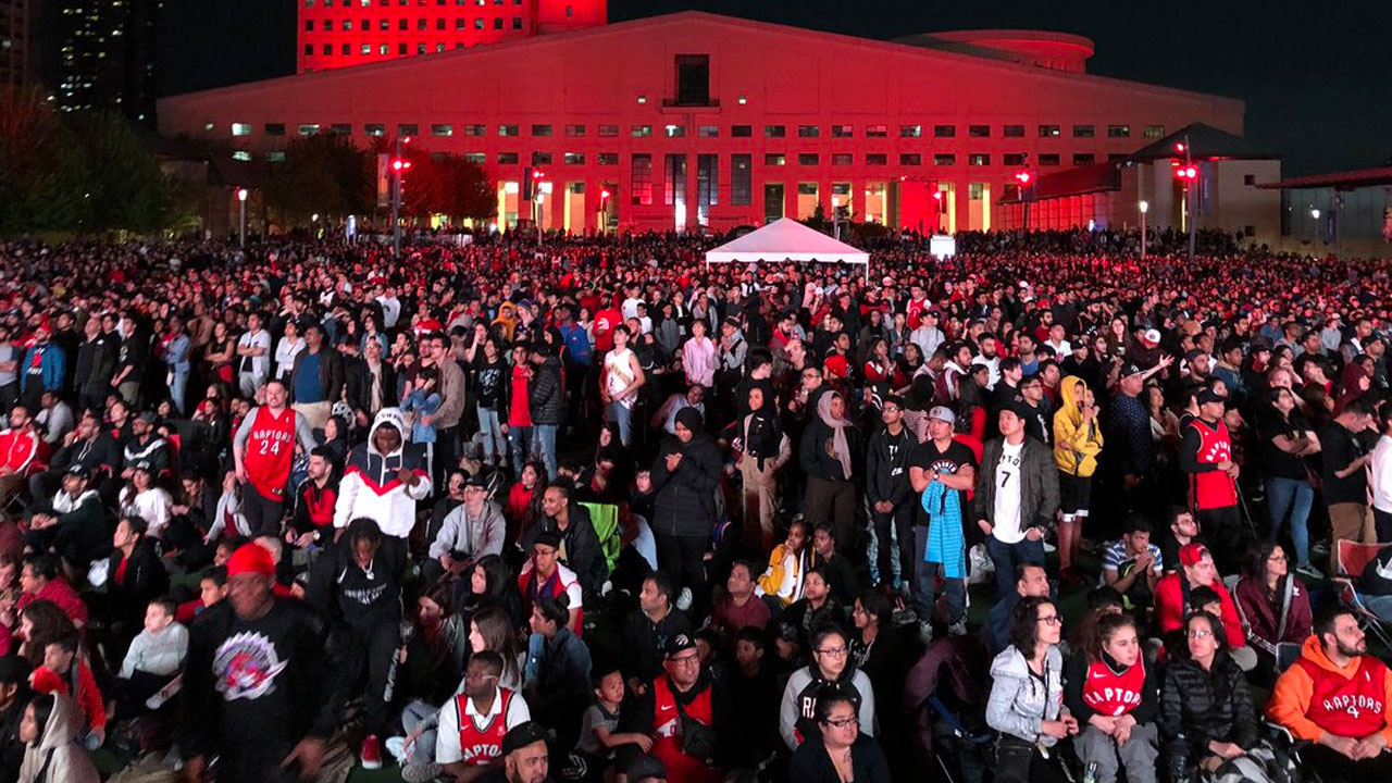 Thousands crowd streets around Toronto to cheer on Raptors in Game 1