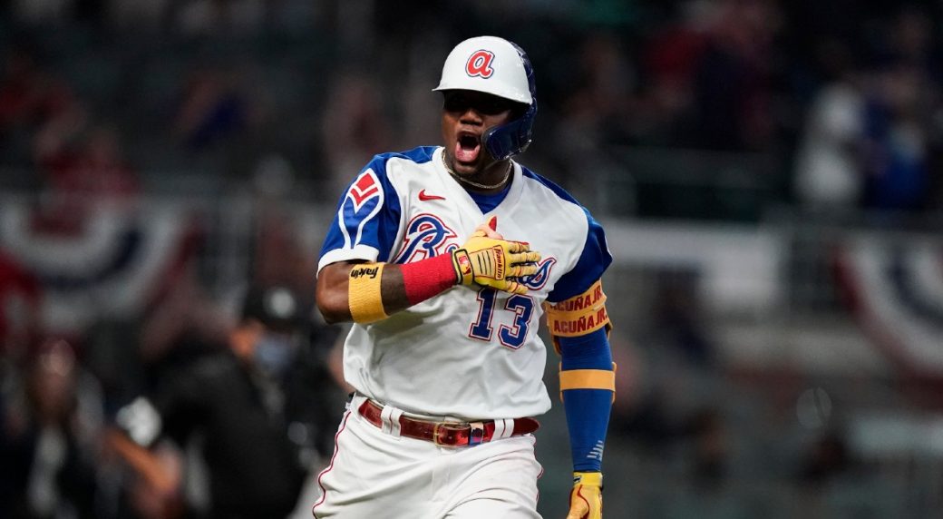 Acuna homers twice, Aguilar's double lifts Marlins past Braves