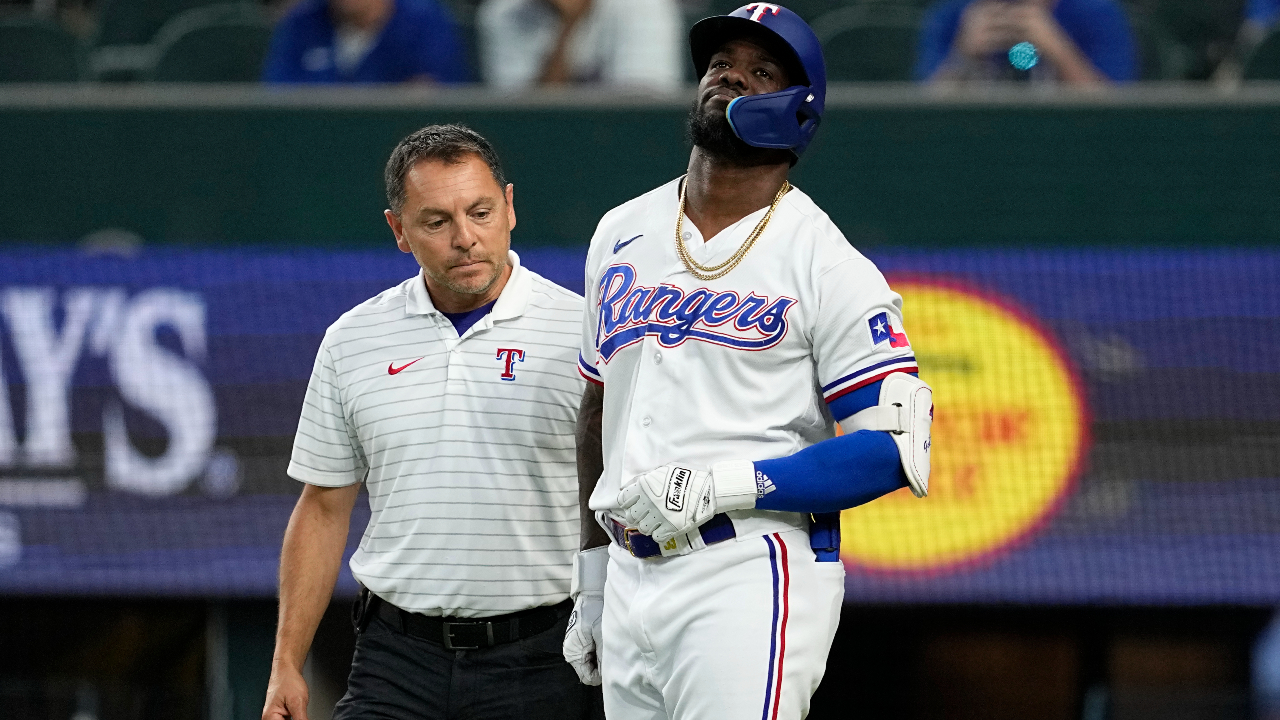 Rangers slugger Adolis Garcia exits game vs. Dodgers after getting hit ...
