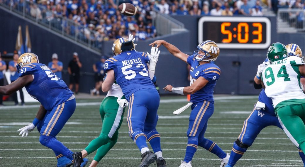 Collaros throws five TD passes as Blue Bombers blitz Roughriders in ...