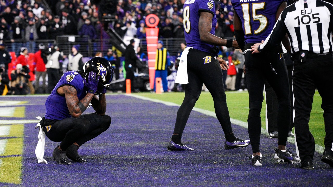 Ravens' Flowers fumbles near end zone after being flagged for taunting ...