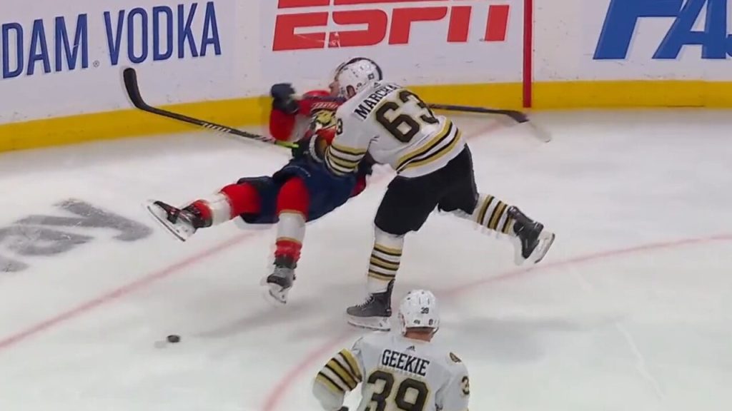 Marchand knocks down Tkachuk with massive hit