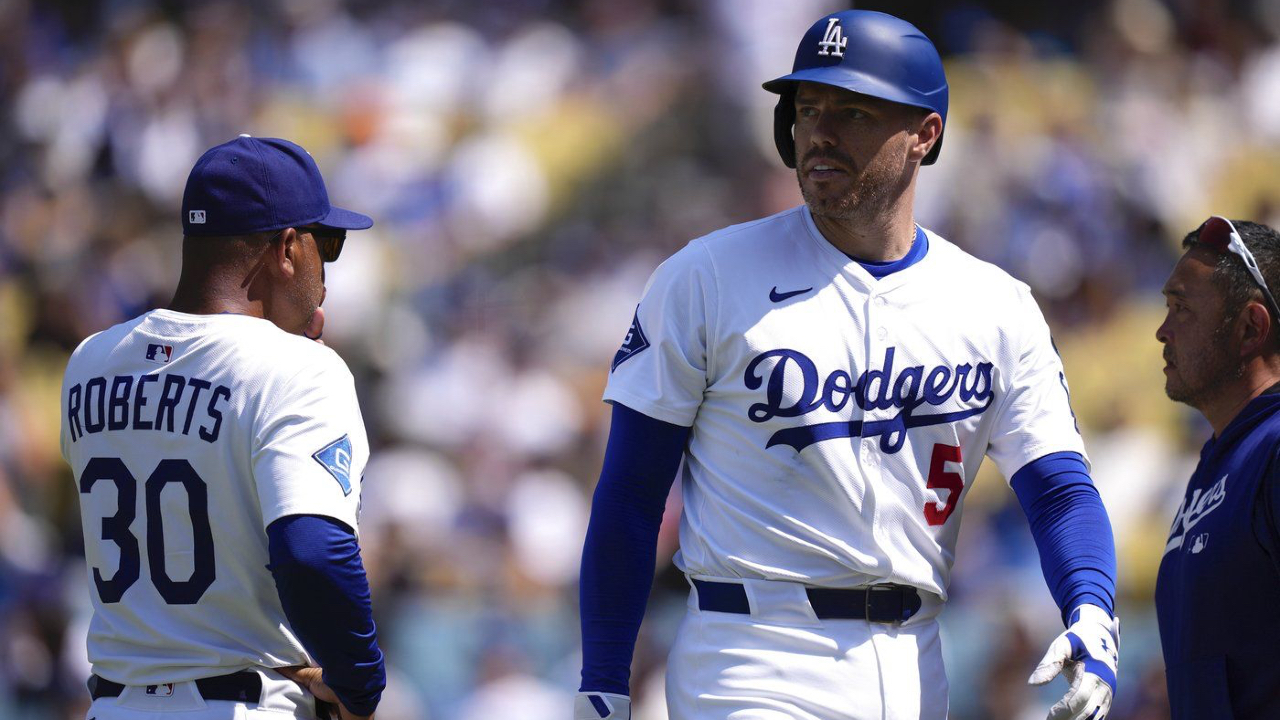 Dodgers' Freddie Freeman day to day after being hit on the wrist by a ...