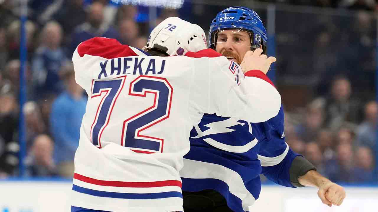 Lightning's Scott Sabourin exits vs. Canadiens after fight with Xhekaj ...